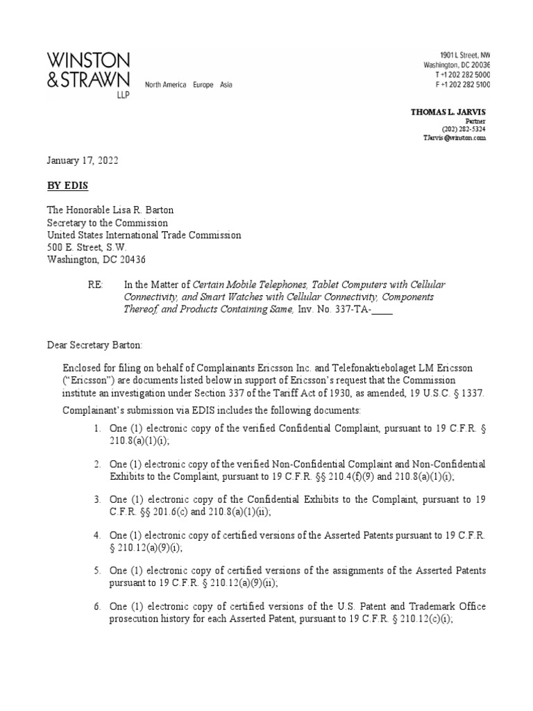 22-01-17 Ericsson v. Apple ITC Complaint | PDF | Apple Inc. | I Phone