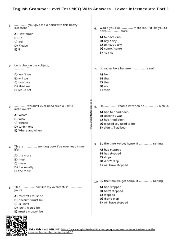 613 English Grammar Level Test MCQ With Answers Lower Intermediate Part ...