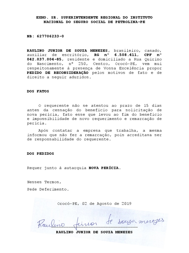 Pedido de Reconsideração de Benefício INSS | PDF | Direito