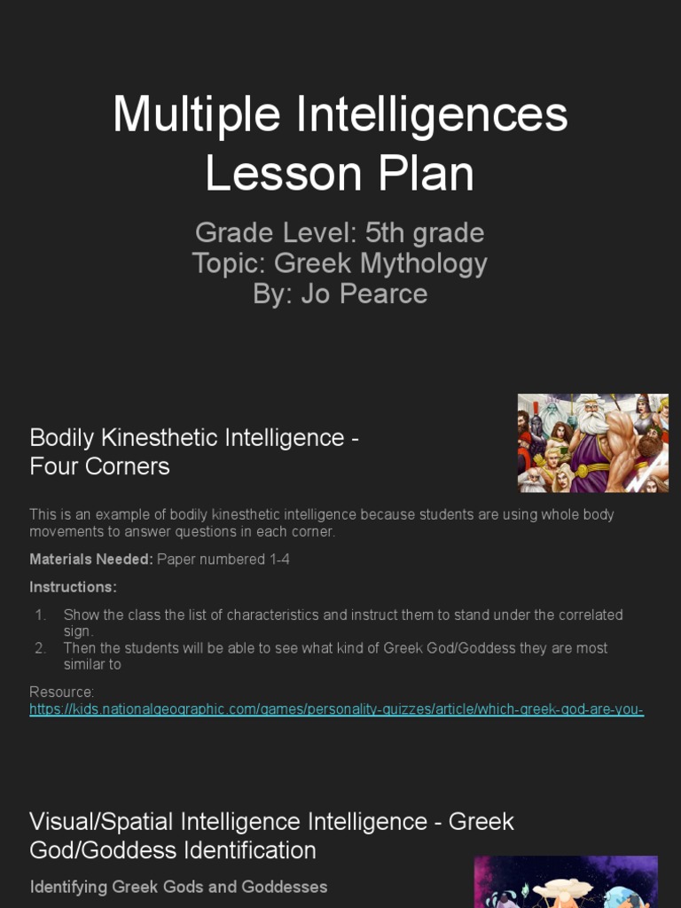 Multiple Intelligences Lesson Plan: Grade Level: 5th Grade Topic: Greek ...