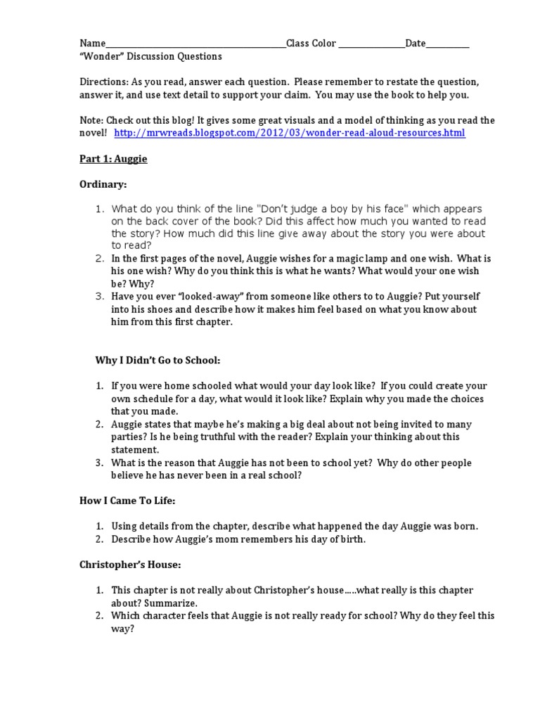Wonder Discussion Questions | PDF