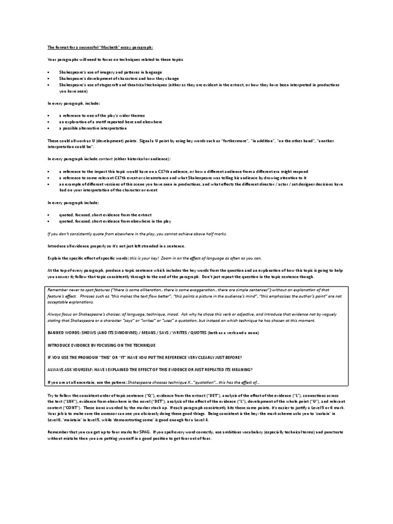 GCSE English Literature Macbeth Essay Paragraph Format | PDF | William ...