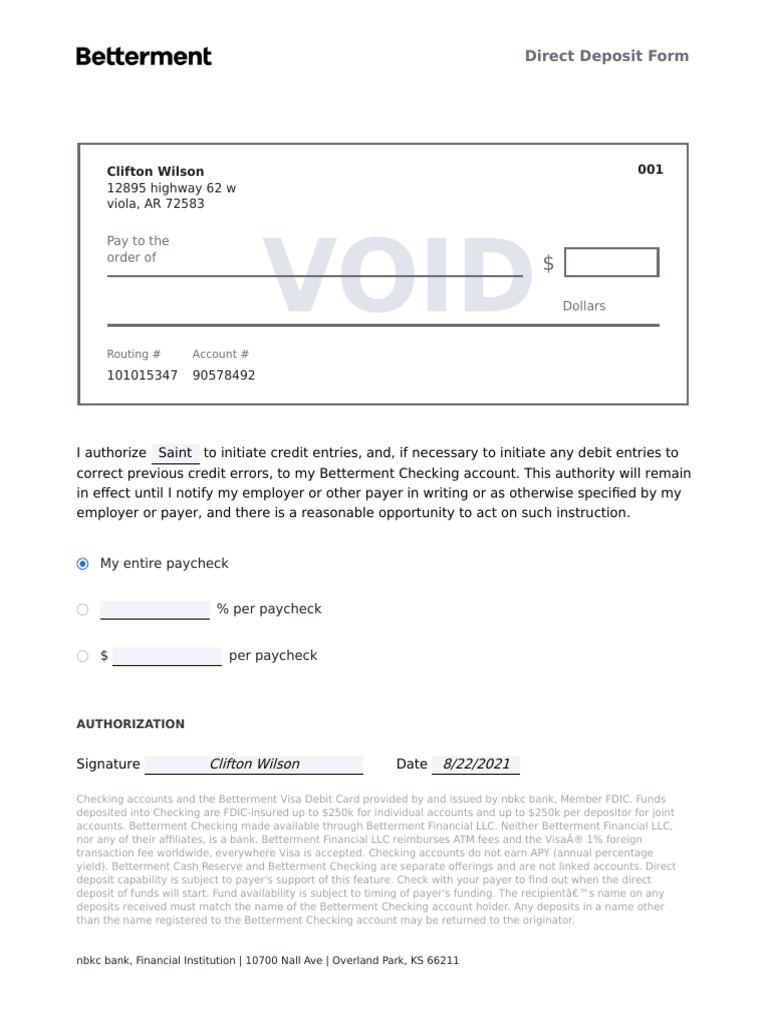 Betterment Checking Direct Deposit Form | PDF