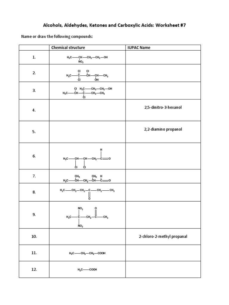 Alcohols, Aldehydes, Ketones and Carboxylic Acids: Worksheet #7 | PDF ...