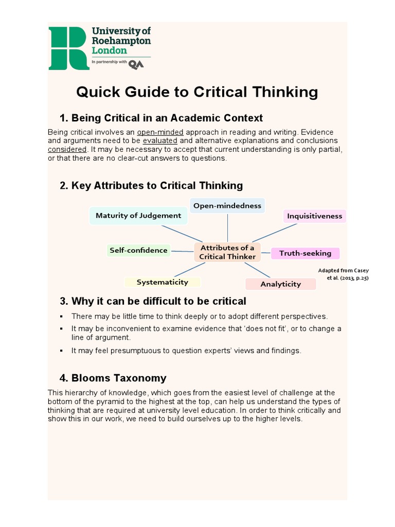 Quick Guide To Critical Thinking: 1. Being Critical in An Academic ...
