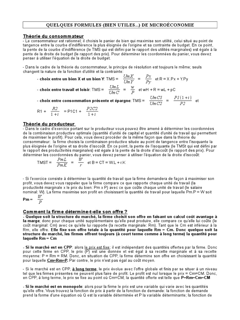 Principales Formules | PDF | Offre et demande | Monopole