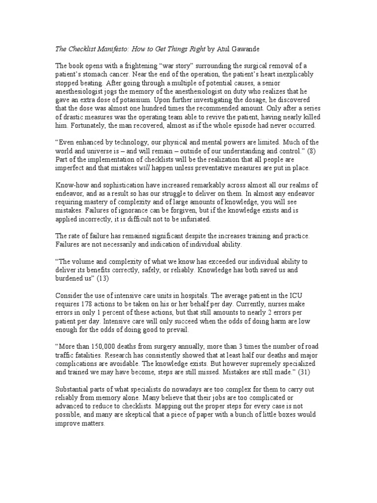 The Checklist Manifesto Notes | PDF | Intensive Care Unit | Surgery