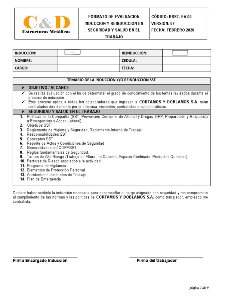 FT-SST-027 Formato de Induccion y Reinduccion y Evaluacion | PDF | Ciencias de la Salud