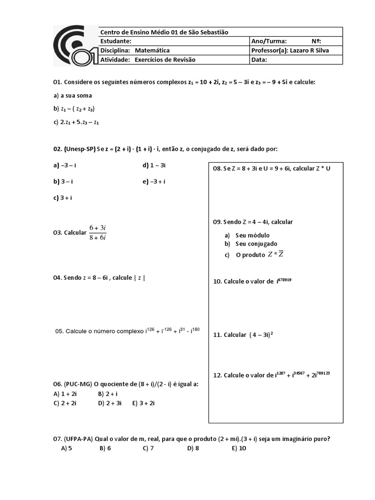 Atividades Sobre Numeros Complexos | PDF