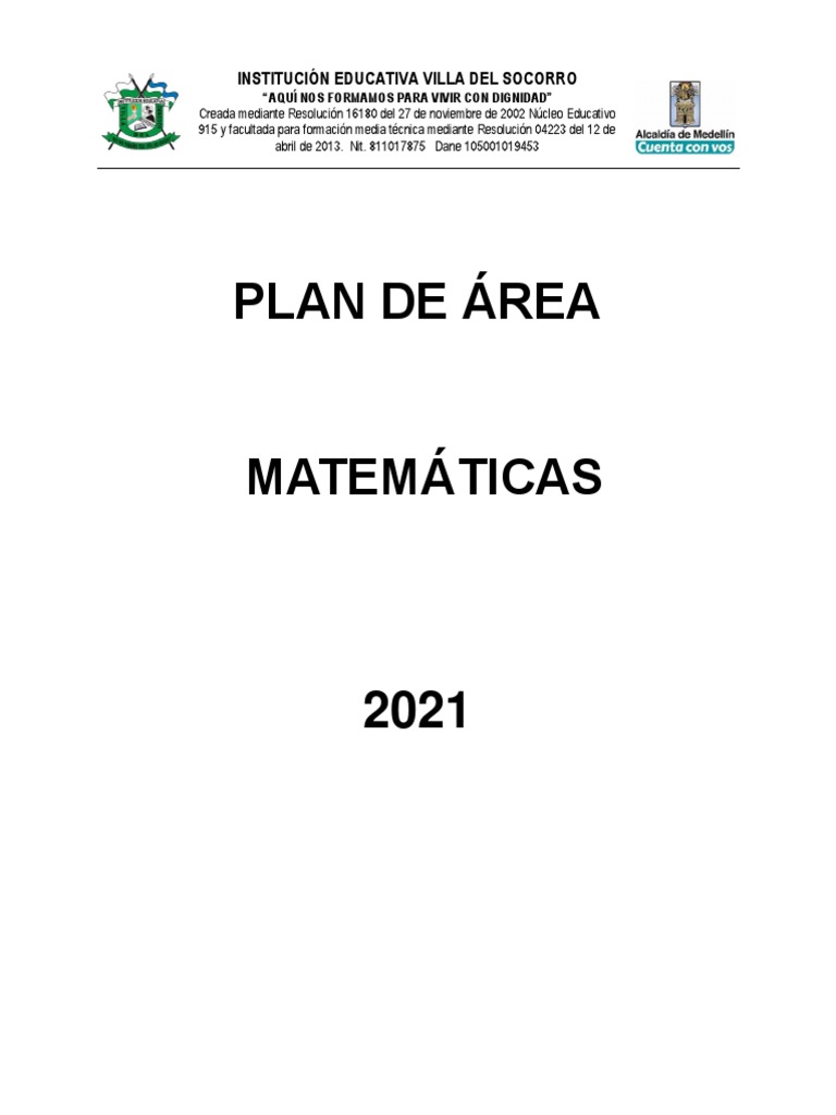 Plan De Area Matematicas 2021 Pdf Evaluación Aprendizaje