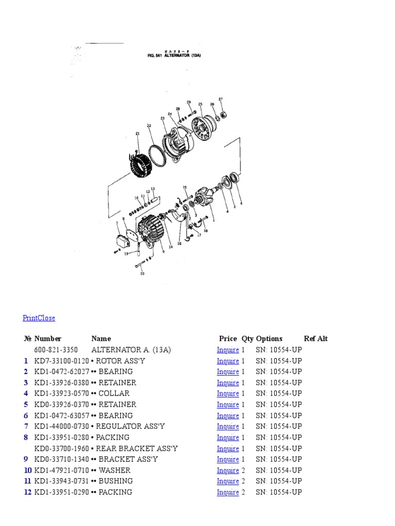 Parts List for Alternator Assembly with Part Numbers and Descriptions | PDF