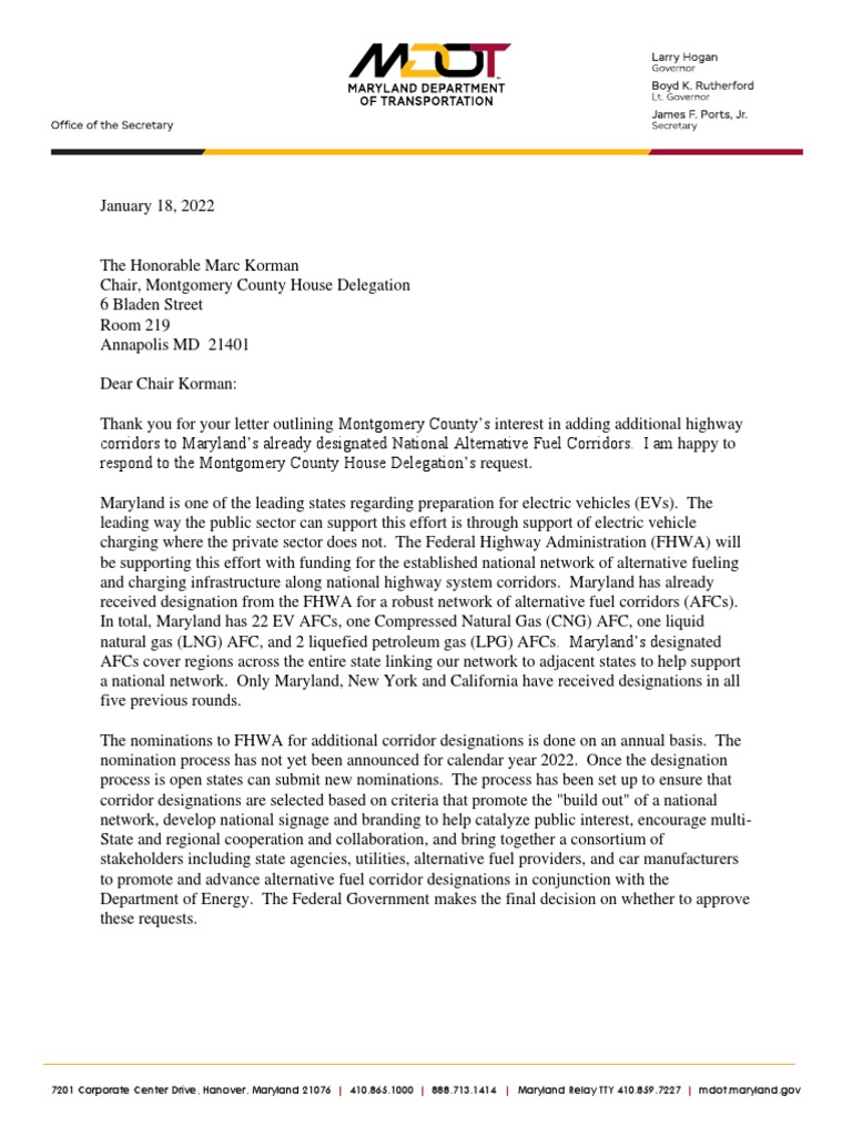 MDOT Response To Montgomery County House Delegation Alternative Fuel ...