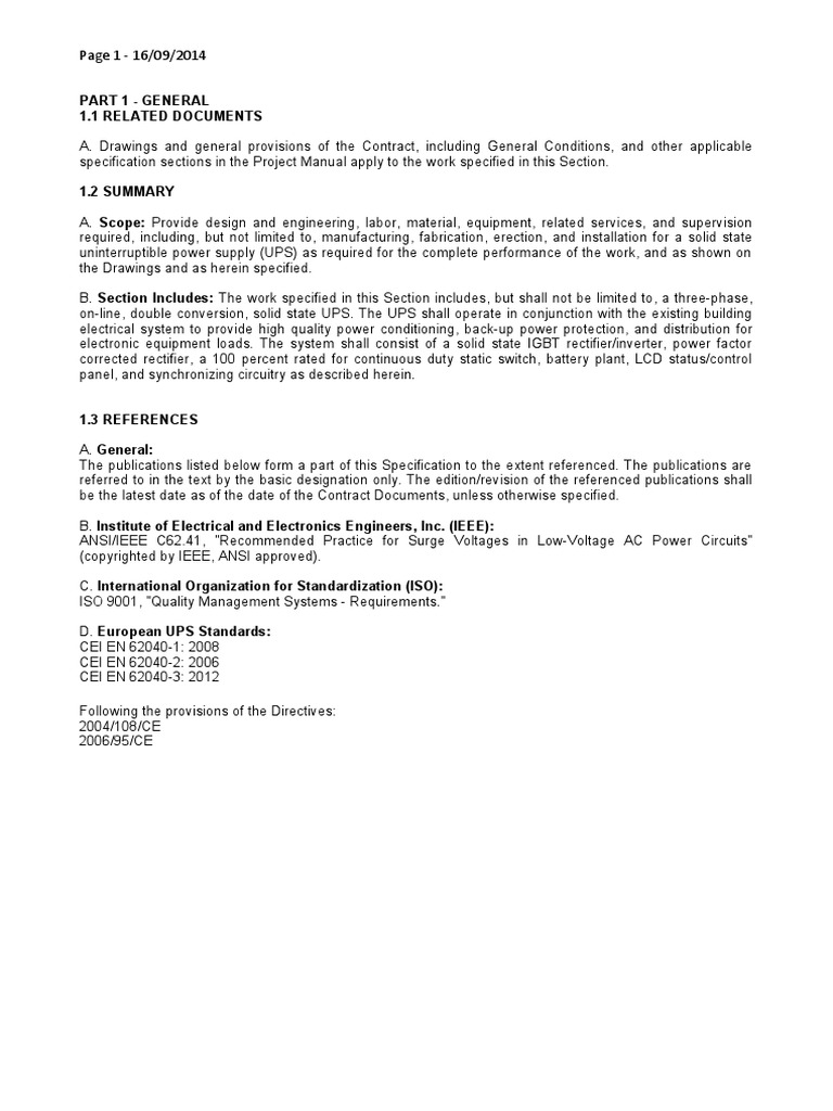 CONVENTIONNAL UPS - 10kva To 120 - Tender Technical Specifications ...