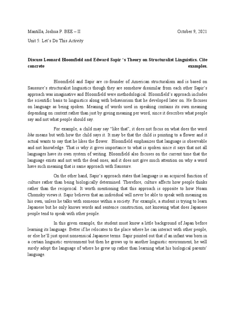 Discuss Leonard Bloomfield and Edward Sapir S Theory On Structuralist ...