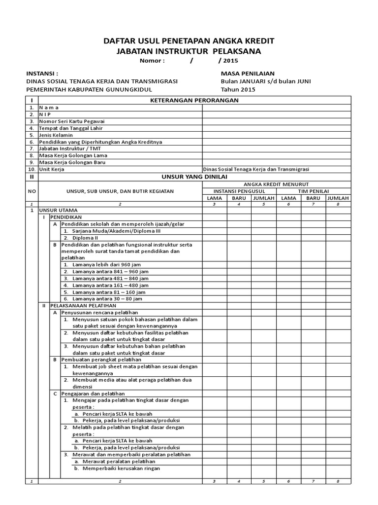 01 Form DUPAK Instruktur Terampil Pelaksana | PDF