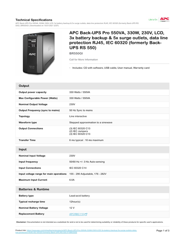 APC Back-UPS Pro 550VA, 330W, 230V, LCD, 3x Battery Backup & 5x Surge ...