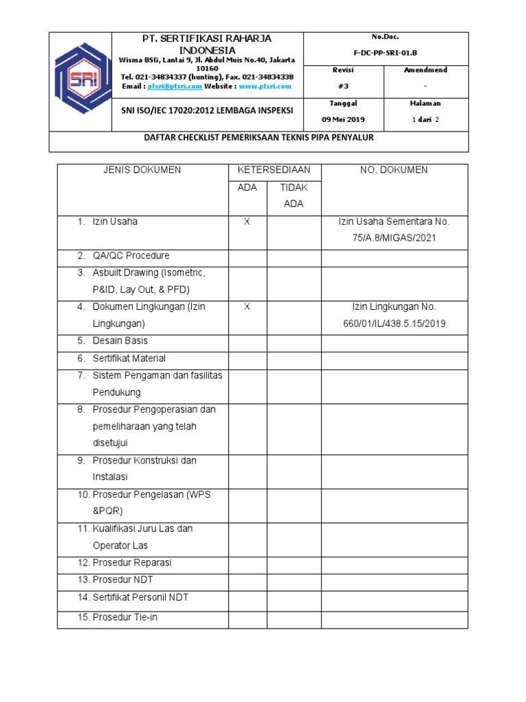 Checklist Inspeksi Pipa Penyalur | PDF