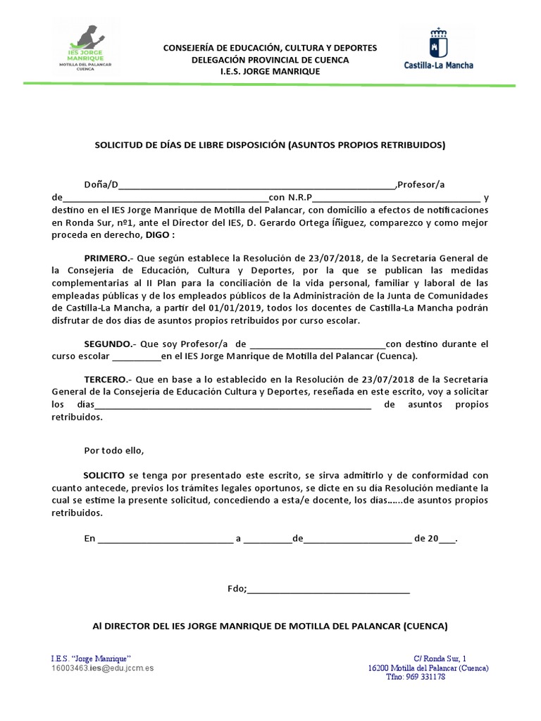 Modelo de Solicitud Dias de Libre Disposicic3b3n Asuntos Propios Retribuidos Al Director 1 | PDF ...