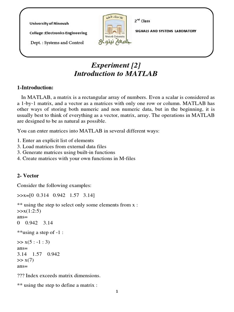 Experiment (2) Introduction To MATLAB | PDF | Matrix (Mathematics) | Matlab