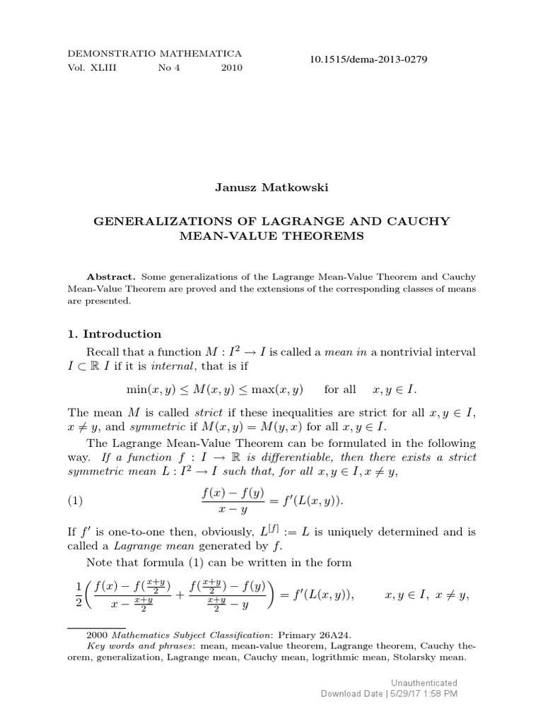 Generalizations of Lagrange and Cauchy Mean-Value | PDF | Mean | Analysis