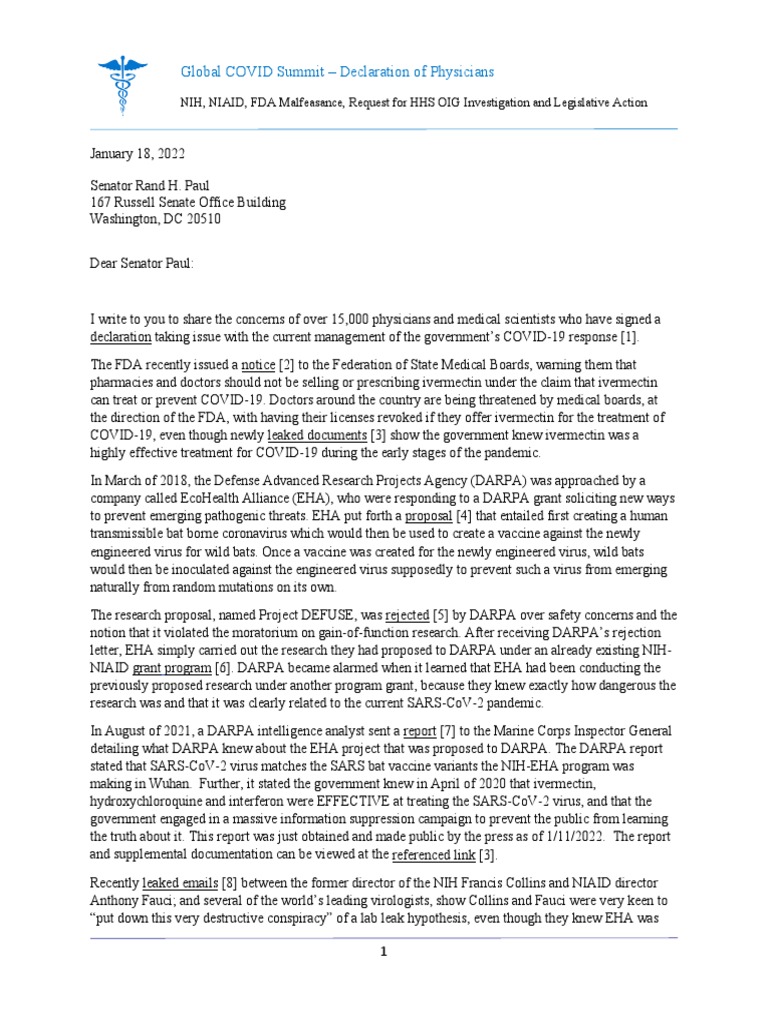 Letter To Senate Detailing NIH, NIAID and FDA Malfeasance | PDF | Food ...