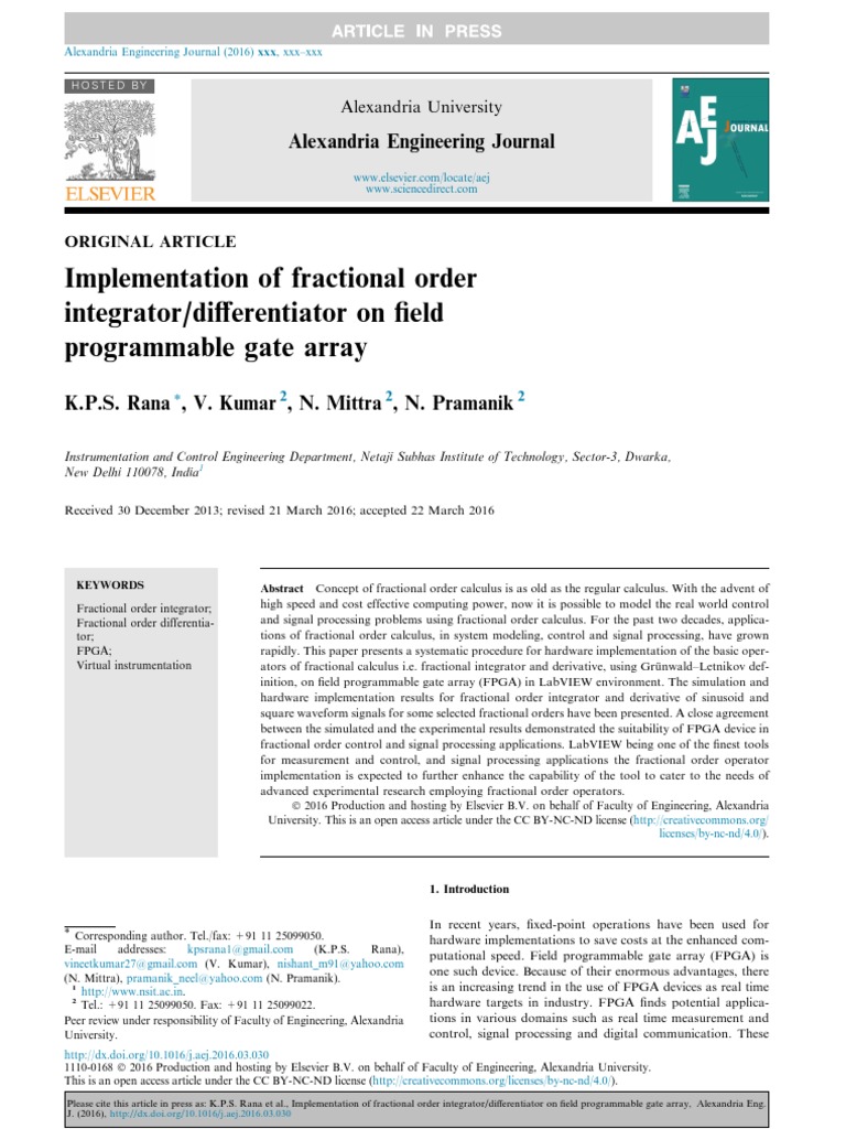 Implementation of Fractional Order Integrator Differentiator On Field Programmable Gate Array ...