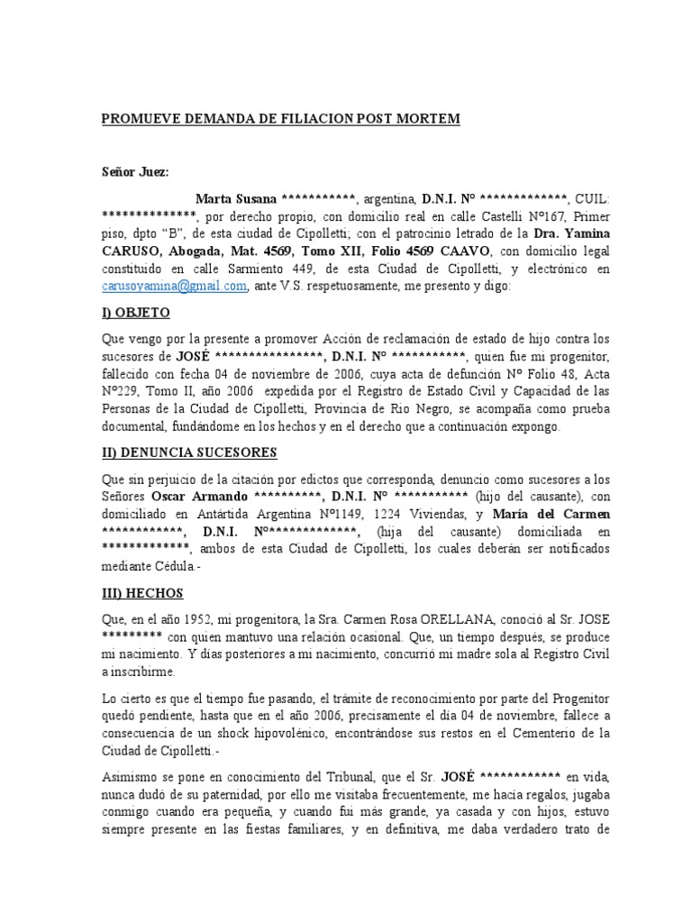 Demanda de Filiación Post Mortem | PDF | Convenio europeo de derechos ...