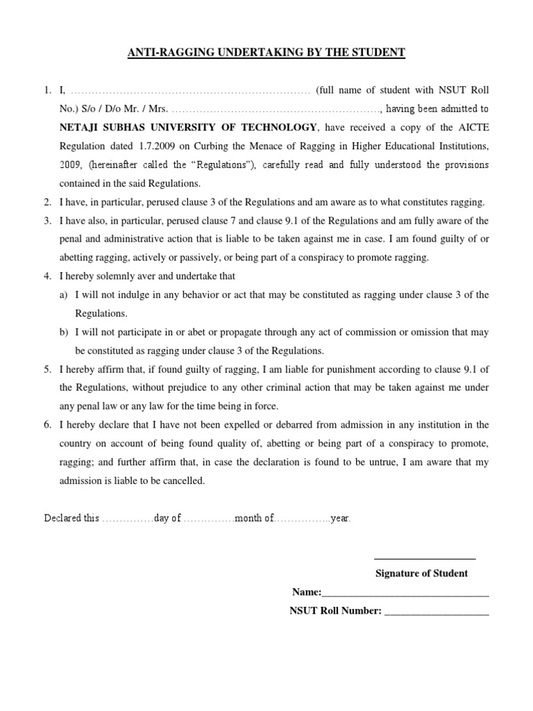 Undertakings To Be Submitted by First Year Students | PDF | Criminal ...