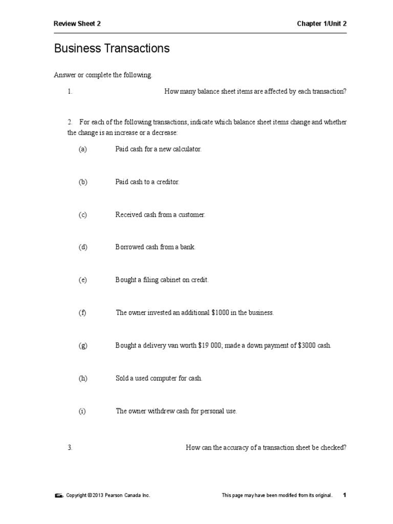 Business Transactions: Review Sheet 2 Chapter 1/unit 2 | PDF ...