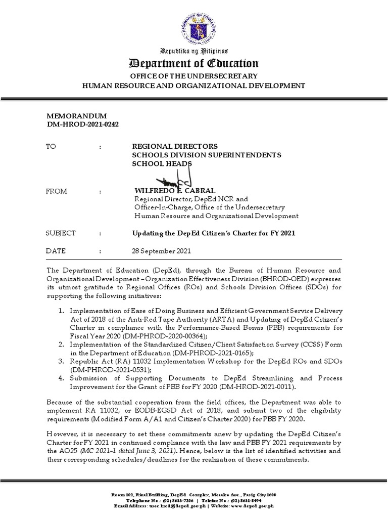 DM HROD 2021 0242 Updating The DepEd Citizens Charter For FY 2021 | PDF ...