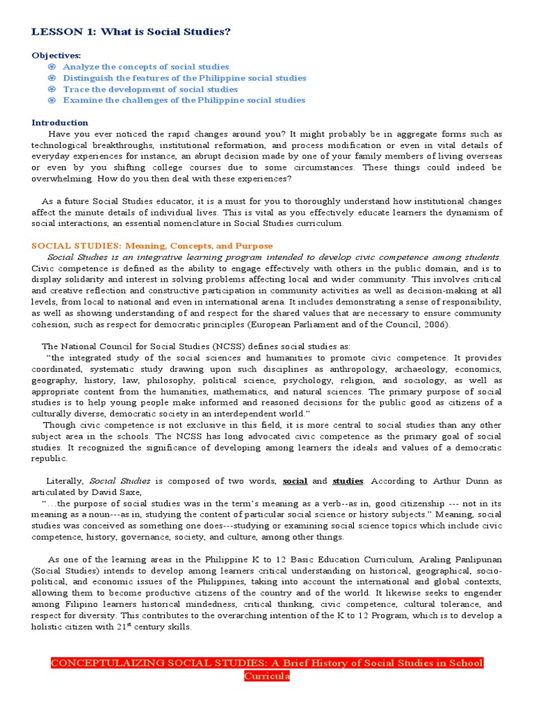 LESSON 1: What Is Social Studies?: Objectives | PDF | Curriculum ...