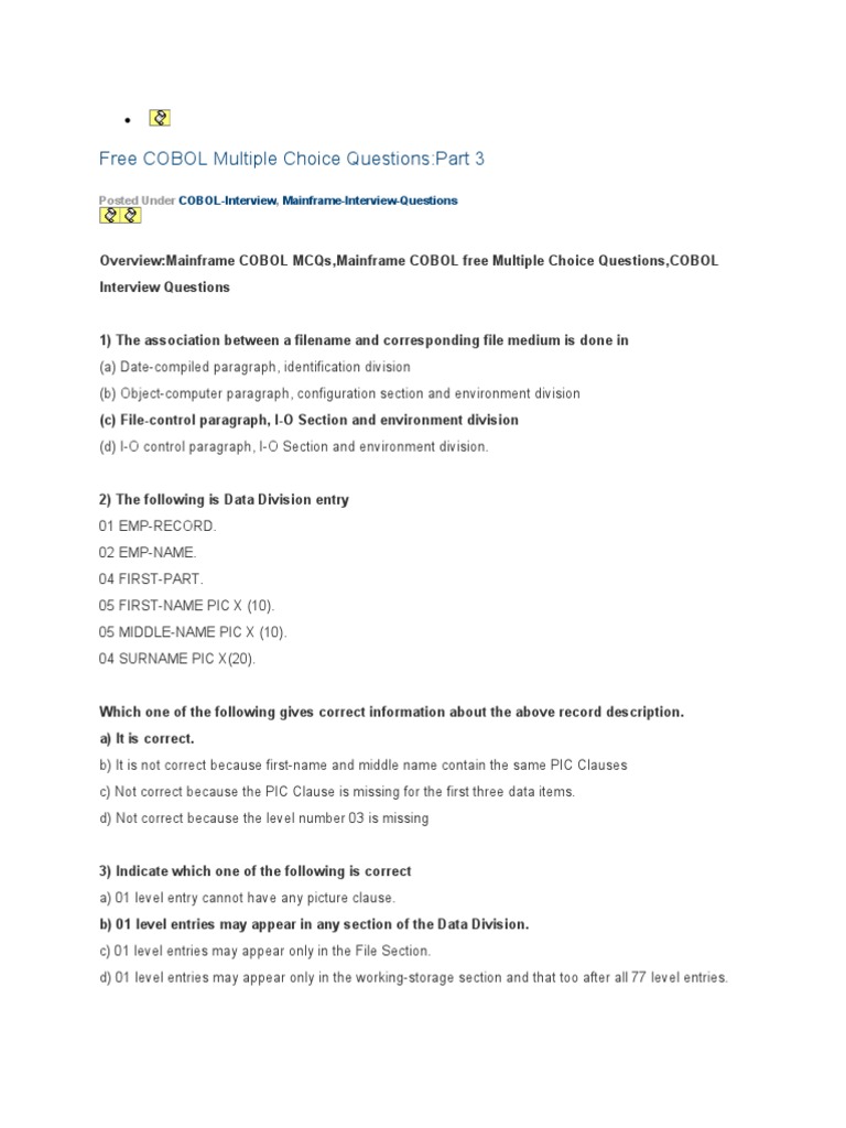 COBOL MCQs for Mainframe Interviews | PDF | Computer Science | Software