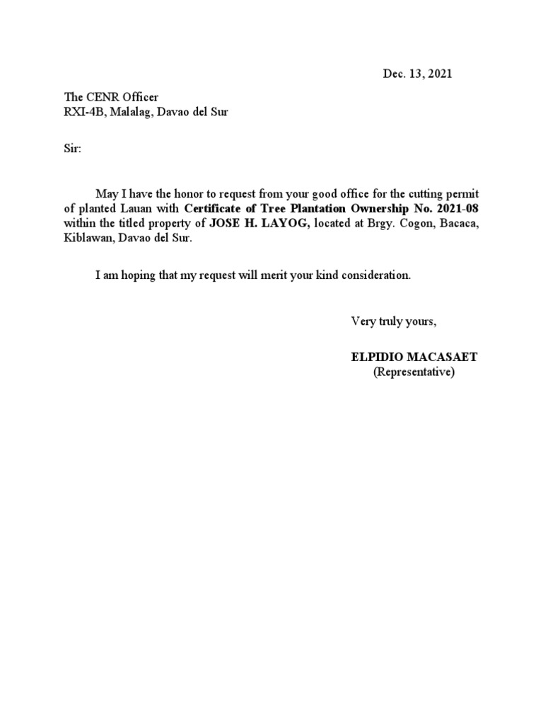 Macasaet Letter Request For Cutting Permit | PDF