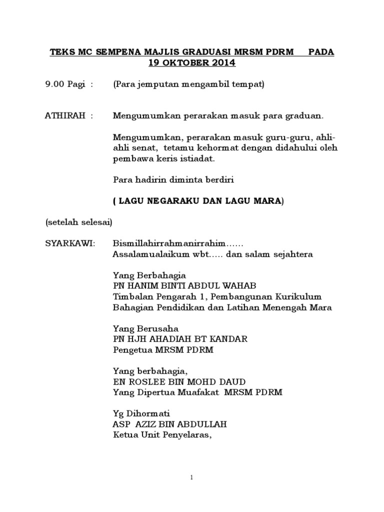TEKS MC SEMPENA MAJLIS GRADUASI MRSM PDRM PADA 19 OKTOBER 2014 (Terkini ...