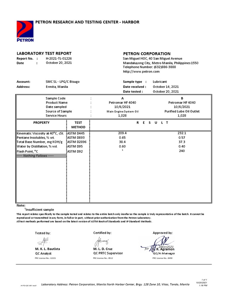 Petron Research and Testing Center - Harbor: Report No.: Date | PDF ...