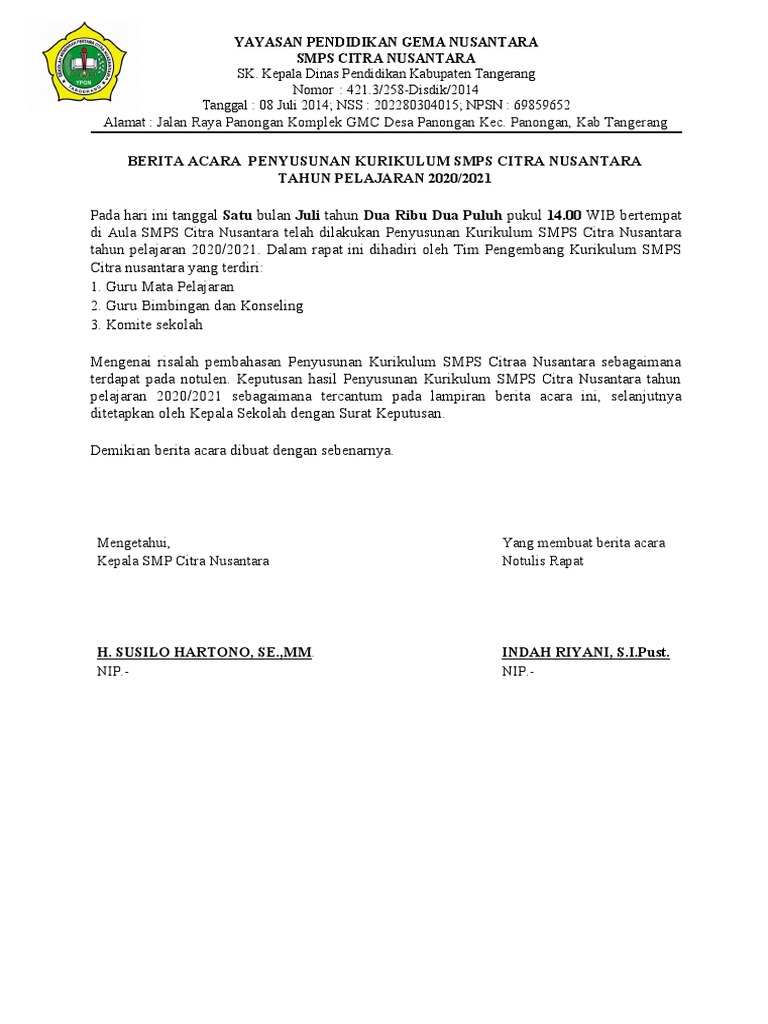 Berita Acara, Daftar Hadir, Notulen Rapat Kurikulum Sekolah 2021 | PDF