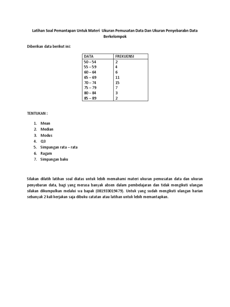 Latihan Soal Pemantapan Untuk Materi Ukuran Pemusatan Data Dan Ukuran ...