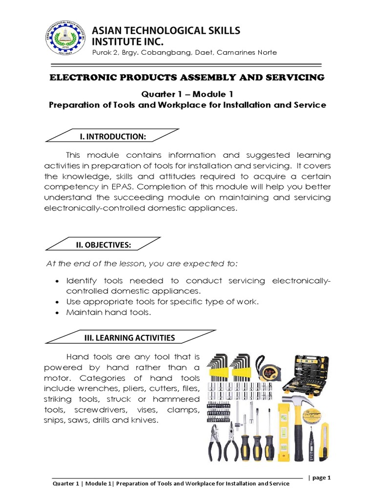 EPAS Module 1 - Preparation of Tools and Workplace | PDF | Screw | Printed Circuit Board