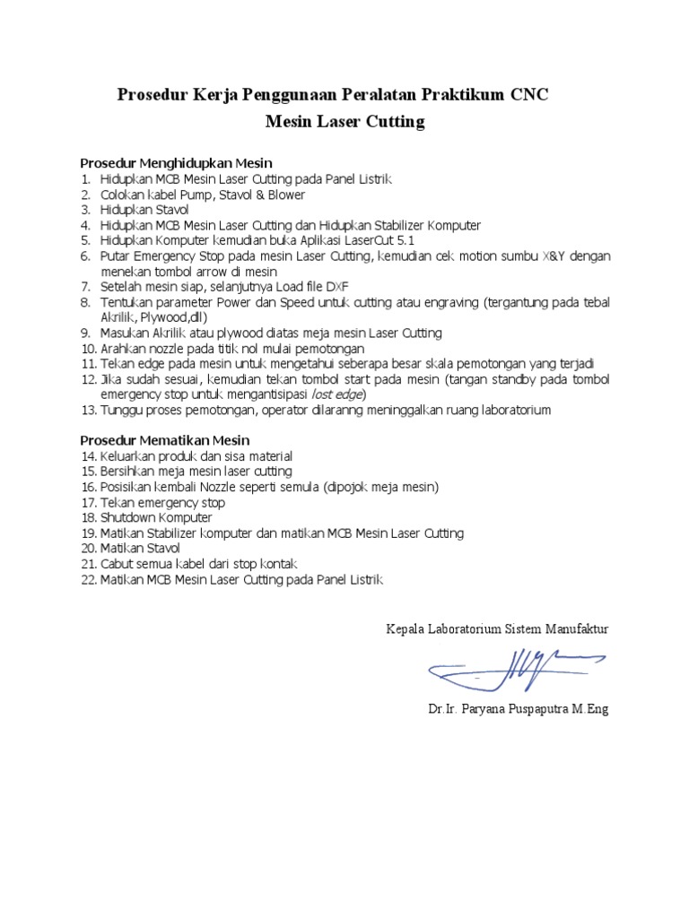 SOP Penggunaan Mesin Laser Cutting | PDF