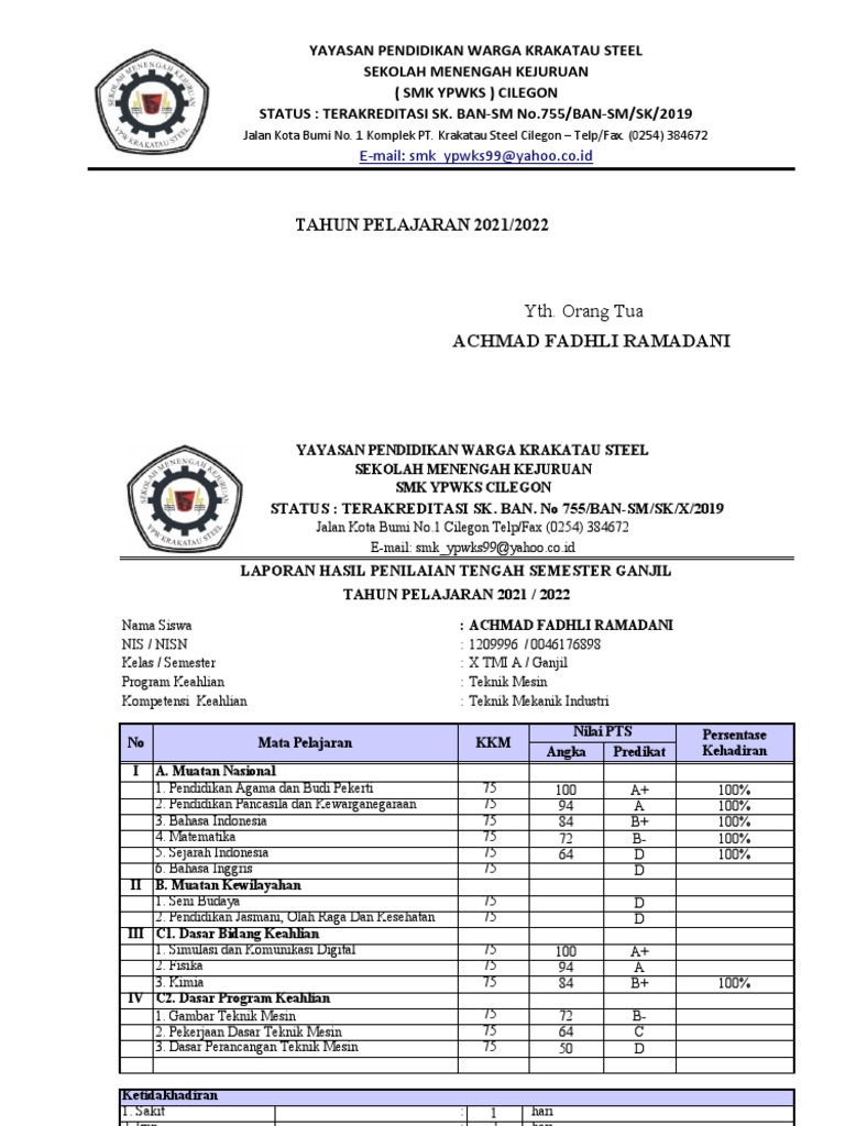 Format Rapot Pts Ganjil 2021-2022 Kelas X, Xi, Xii, Xiii | PDF