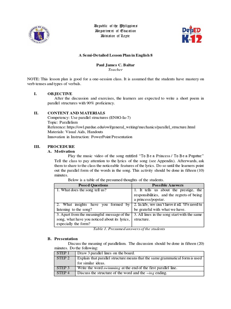 English 8 Lesson Plan on Parallelism | PDF | Lesson Plan | Verb