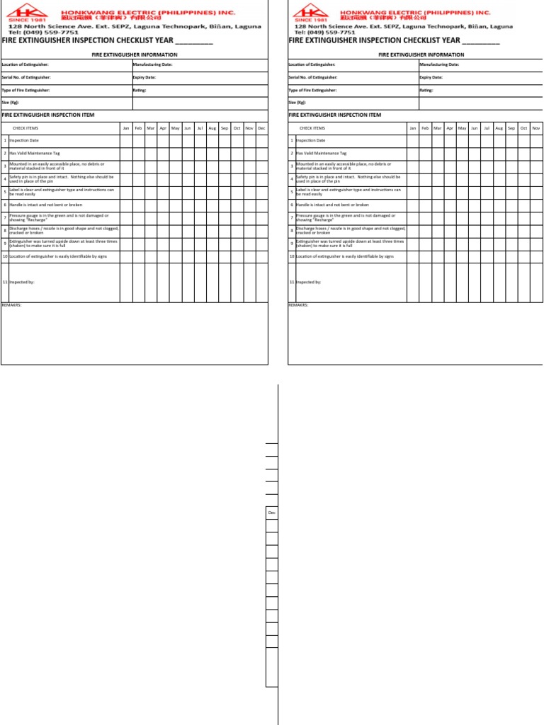 Fire Extinguisher Inspection Checklist Year - Fire Extinguisher ...
