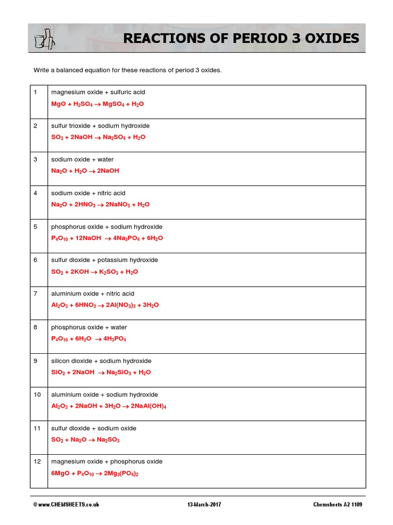 Period 3 Oxides Reaction Equations | PDF