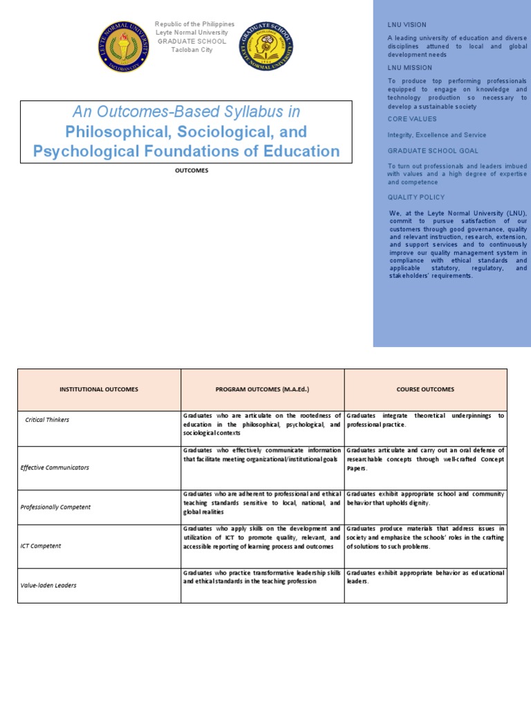 An Outcomes-Based Syllabus In: Philosophical, Sociological, and Psychological Foundations of ...