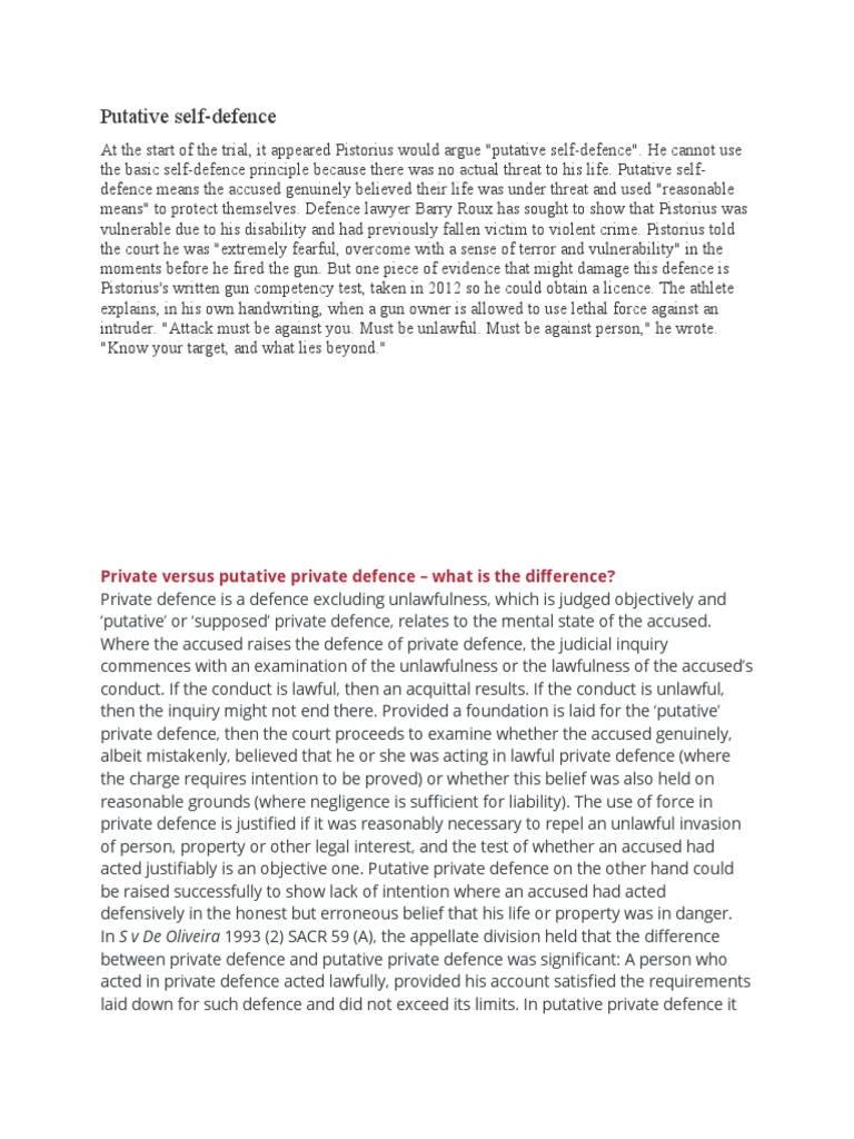 Putative Self-Defence: Private Versus Putative Private Defence - What ...