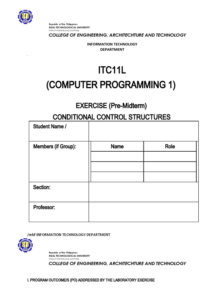 ITC11L (Computer Programming 1) : EXERCISE (Pre-Midterm) Conditional ...