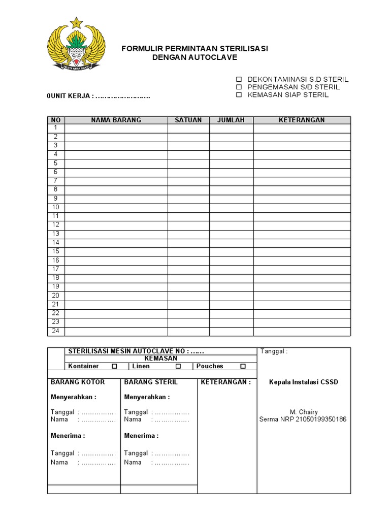 Formulir Permintaan Sterilisasi CSSD | PDF