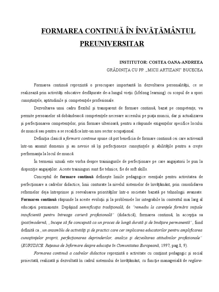 Formarea Continuă În Învățământul Preuniversitar: Institutor: Costea ...