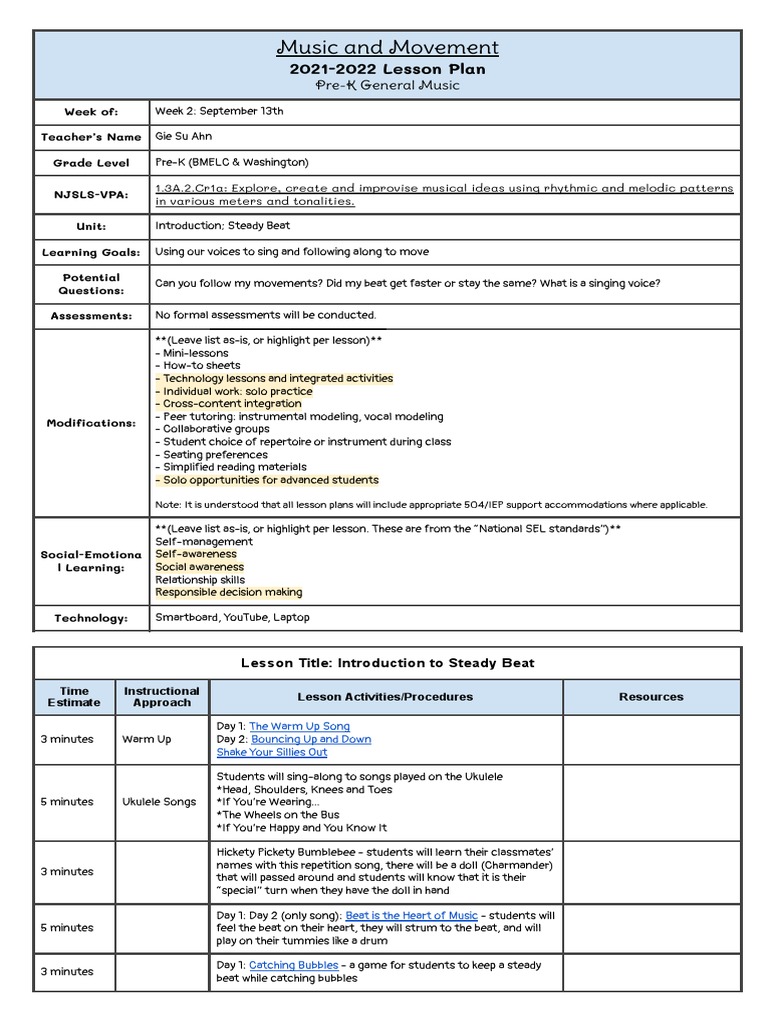 Pre-K Music and Movement Lesson Plan | PDF | Lesson Plan | Performing Arts