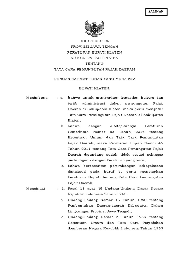 Perbup Nomor 79 Tahun 2019 Tentang Tata Cara Pemungutan Pajak Daerah | PDF Perbup Nomor 79 Tahun 2019 Tentang Tata Cara Pemungutan Pajak Daerah | PDF
